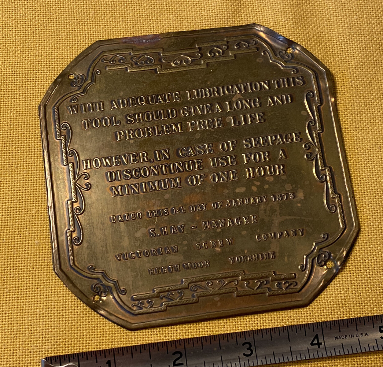 Reproduction of 1873 Victorian Screw Company Brass Lubrication Plaque ...