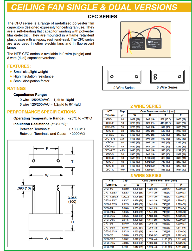 2 pieces NTE Electronics CFC-2 2.0mf 125/250vac 2 wire Ceiling Fan Capacitor | eBay