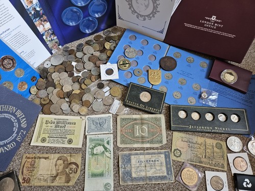 Job Lot Of Old Coins , Token , Medal , Banknotes, Commemorative Crown ...