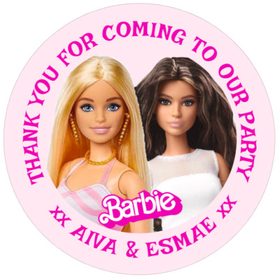 48 Personalised BARBIE inspired Party Bag Stickers Sweet Bag Seals 40mm ...