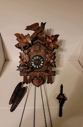 Vtg Germany Black Forest Wood Cuckoo Clock Birds Leaves Pendulum 4 ...