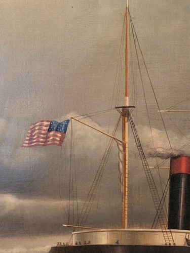 FINE W H PLUMMER MASTED SHIP & STEAMSHIP BOSTON HARBOR OIL PAINTING C ...