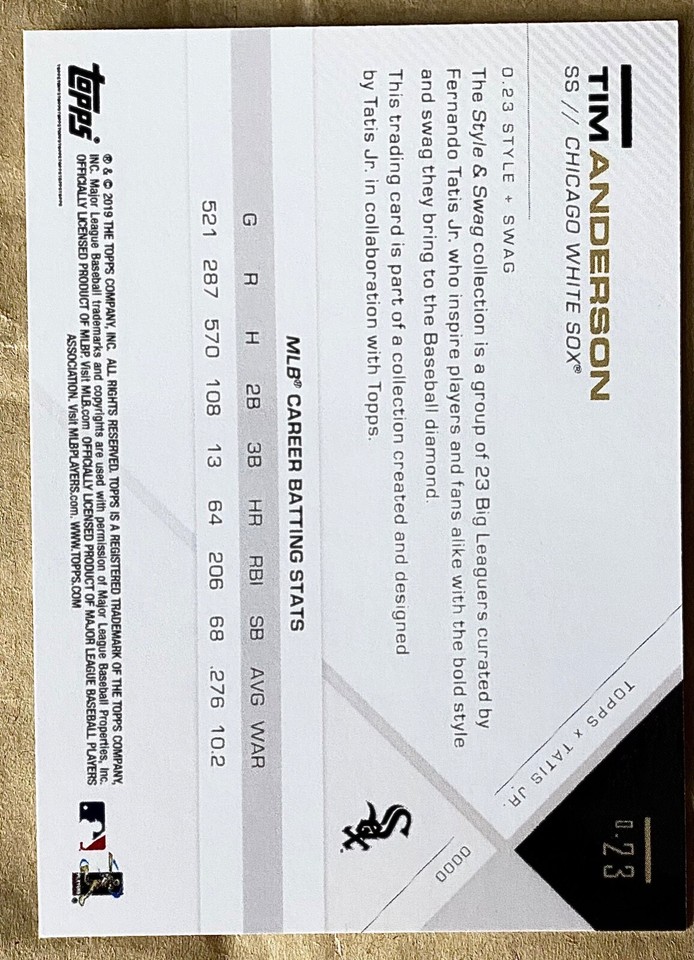2019 Topps X Tatis Jr. 0.23 Style & Swag #0000 Tim Anderson Chicago ...