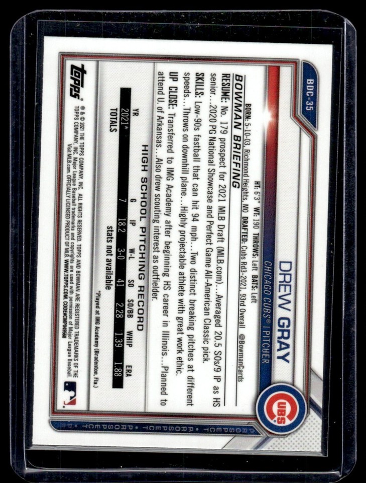 2021 Bowman Draft Chrome Drew Gray Chicago Cubs #BDC-35 | eBay