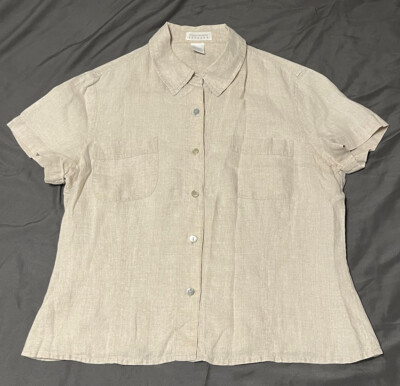 Compagnie Internationale Express Tan 100% Linen Button Short Sleeve Top ...