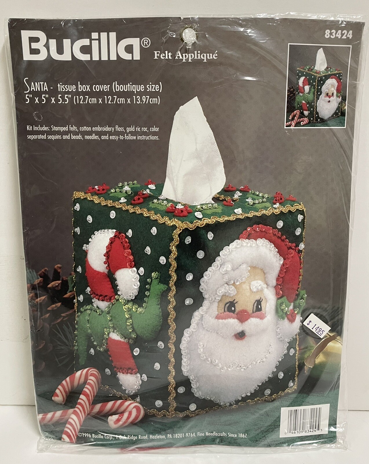 Vintage Bucilla Santa Tissue Box Cover Felt Applique Kit Bead Sequin ...