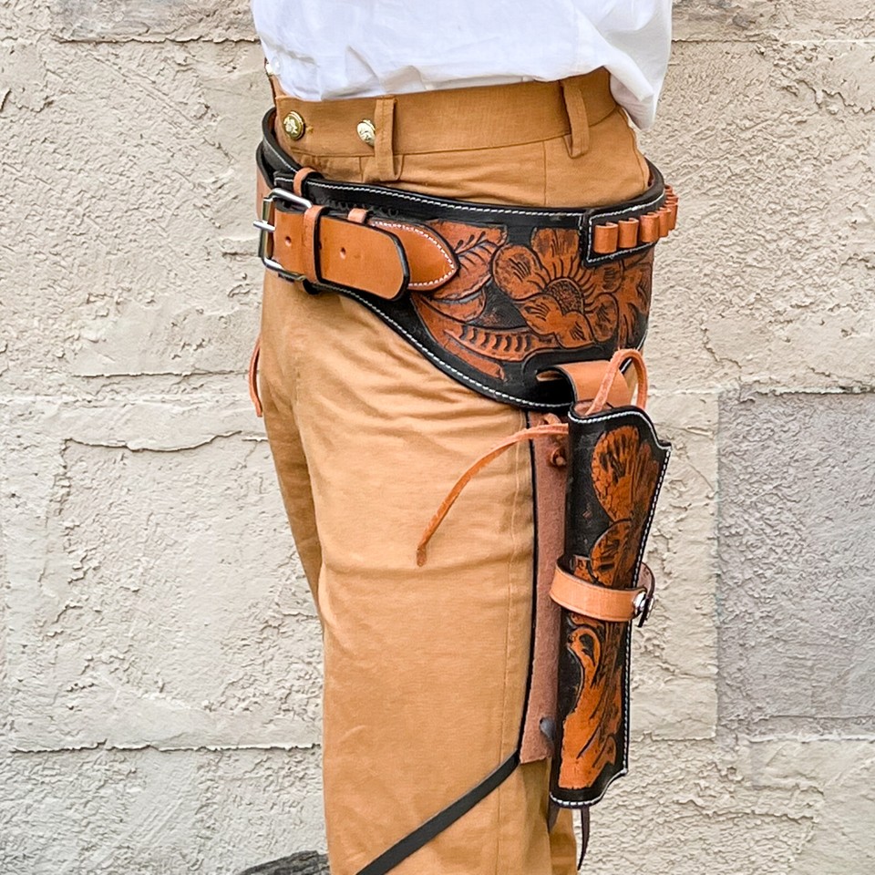 .44/.45CAL LEATHER WESTERN TOOLED HOLSTER RIG SASS DROP GUN HOLSTER ...
