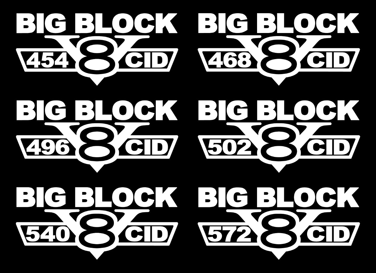 2 BIG BLOCK V8 ENGINE DECALS 454-468-496-502-540-572 BBC RAT BORED ...