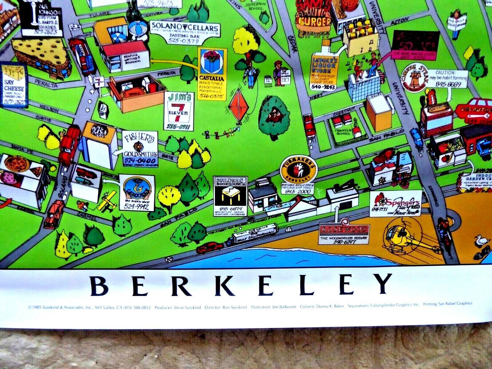 VINTAGE CARTOON MAP OF BERKELEY CALIFORNIA CAL TILDEN PARK SOLANO MLK ...
