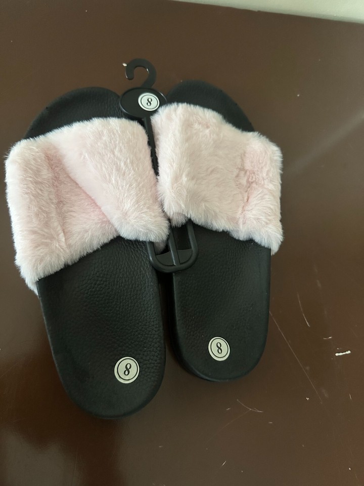 My Star Slide Sandal 8 Women's Pink Flat Heel Fluffy-Strap Fur Trim SZ ...