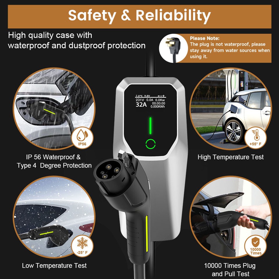19FT Portable EV Charger EV Car Charging Cable 32Amp Level 1&2 NEMA 6 ...