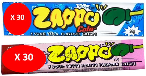 COMBO ZAPPOS x 60 26g PACKETS - SOUR COLA & SOUR TUTTI FRUTTI FLAVOUR CHEWS | eBay