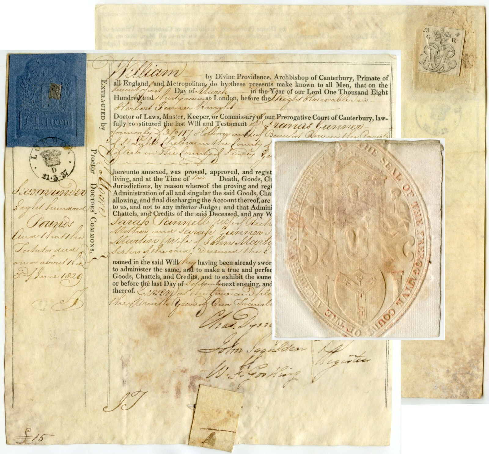 1837 ARCHBISHOP of CANTERBURY WILLIAM HOWLEY SEAL ..PROBATE FRANCIS ...