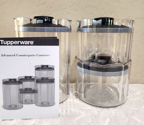 RARE Tupperware Clear Acrylic Counter Top Canister Set Black Lids 6 pc ...
