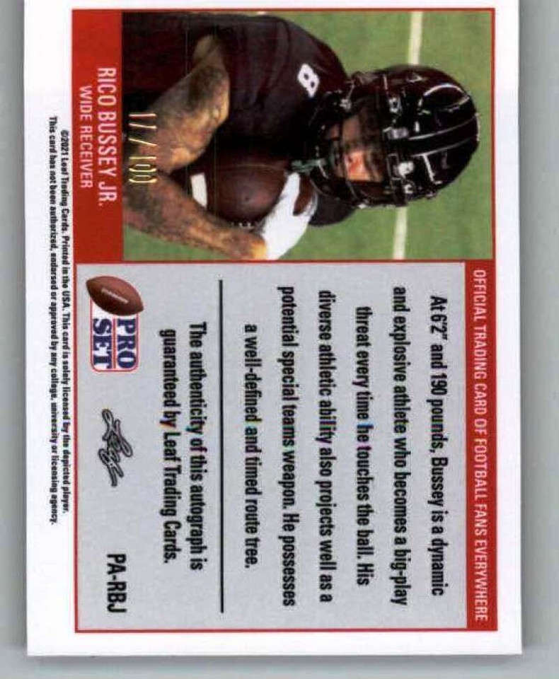 2021 Pro Set Metal 1989 Autograph Rainbow Red Rico Bussey Jr RC Rookie ...