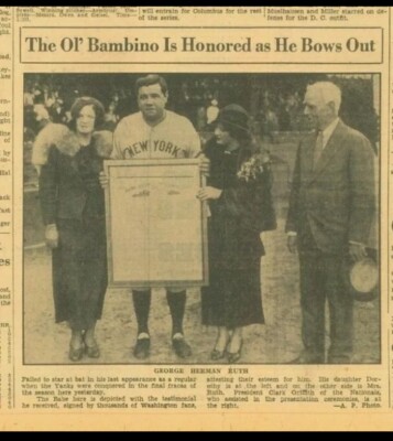 1934 BABE RUTH FINAL GAME AS NEW YORK YANKEE 10/1/34 THE EVENING STAR ...