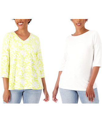 Denim & Co. 2-Pack Essentials Favorite Jersey Knit Tops Citron/White | eBay
