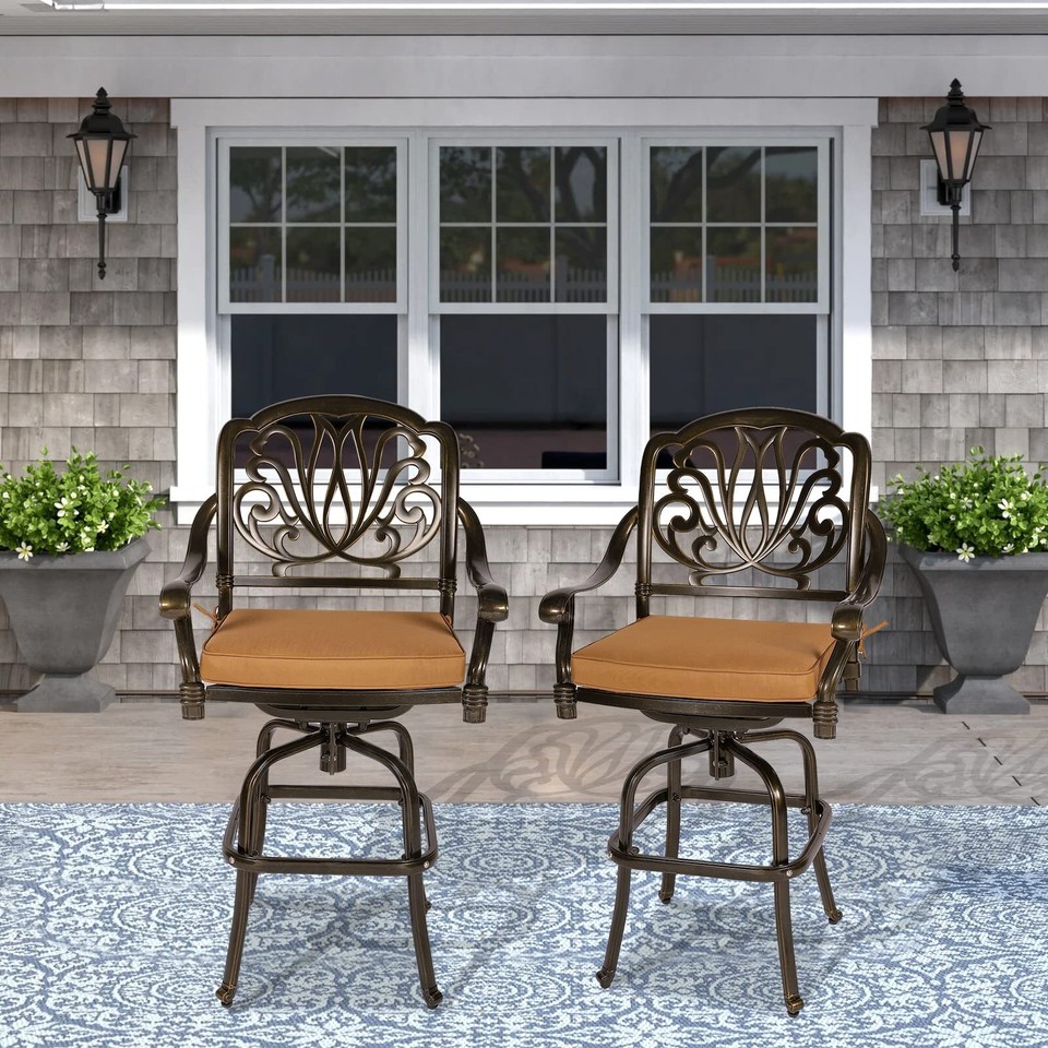 Patio Swivel Bar Stools Set All Weather Cast Aluminum Bar Height Bistro ...