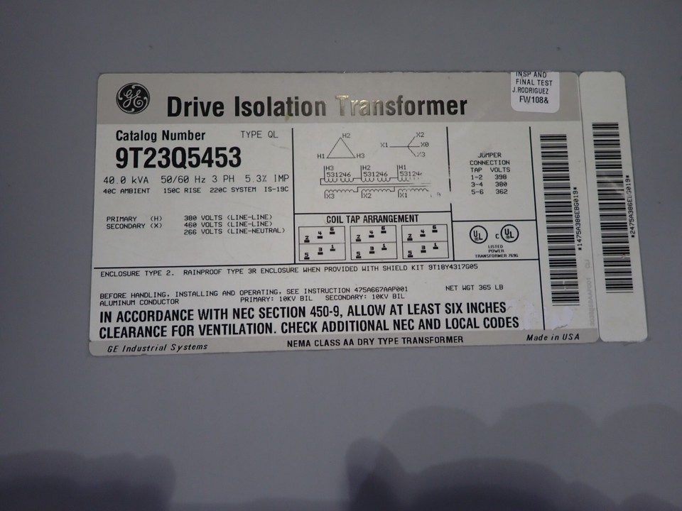 GE Drive Isolation Transformer 9T23Q5453 40 KVA 3 Phase 380V to 460 ...