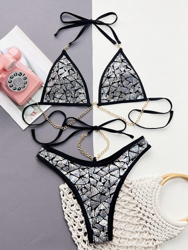 Women's Bikini Bling Swimwear Chain Two Piece Swimsuit Thong Bathing ...