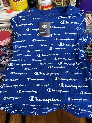 Champion T-Shirt Boys XL Blue All Over Champion Logo Print Short Sleeve ...