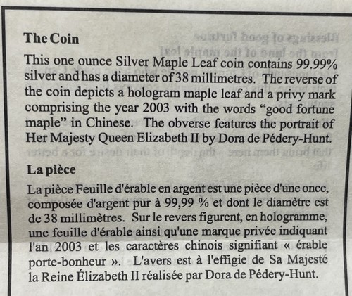 2003 Maple Leaf Of Good Fortune Canada Fine Silver $5 Dollar In Case ...