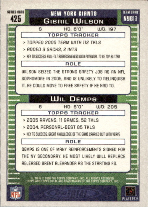 2006 Topps Total Gibril Wilson / Will Demps 425 New York Giants | eBay
