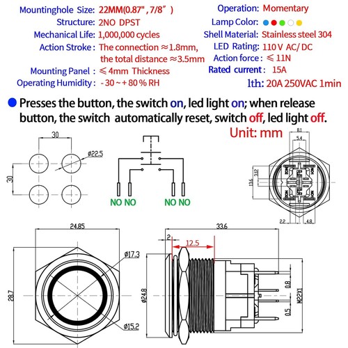 22mm Push Button Switch 15A 110V/ 120V AC Momentary Red 120V, | eBay