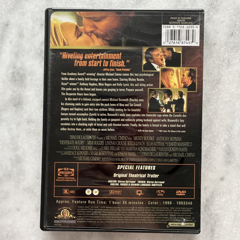 The Desperate Hours (DVD, 1990) Mickey Rourke, Anthony Hopkins, Rare ...