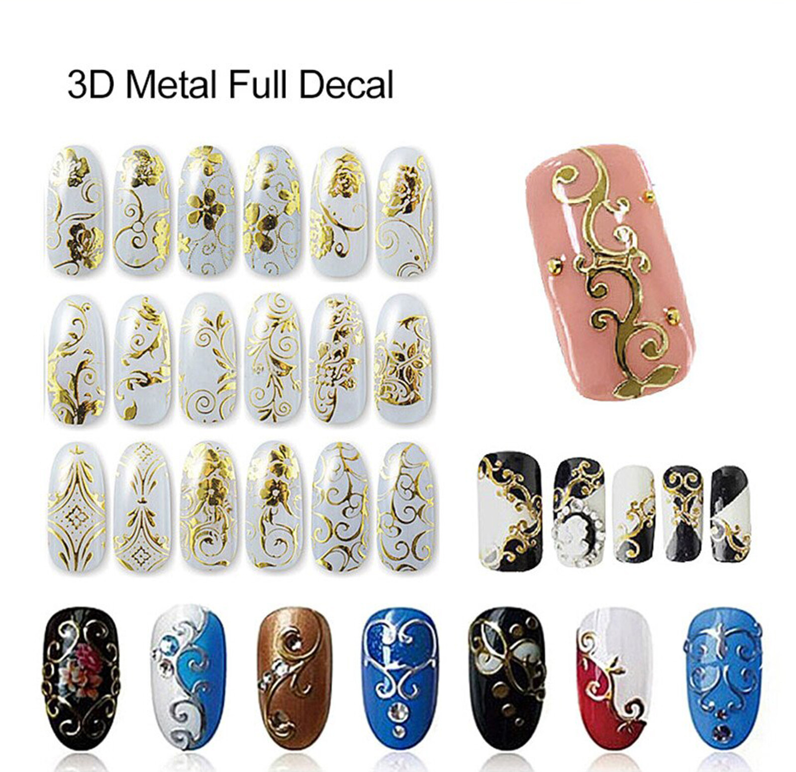 Nail Art 3D Decal Stickers Metallic Gold Full Nail cover | eBay