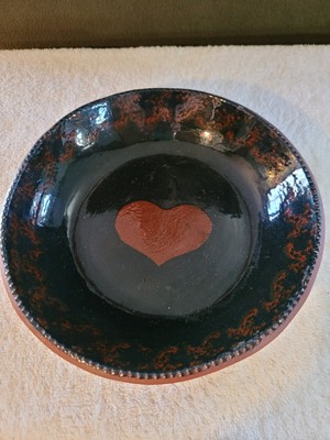 1989 Foltz Redware Pottery Heart Deep Bowl Folk Art - 9" Across 1 3/4 ...