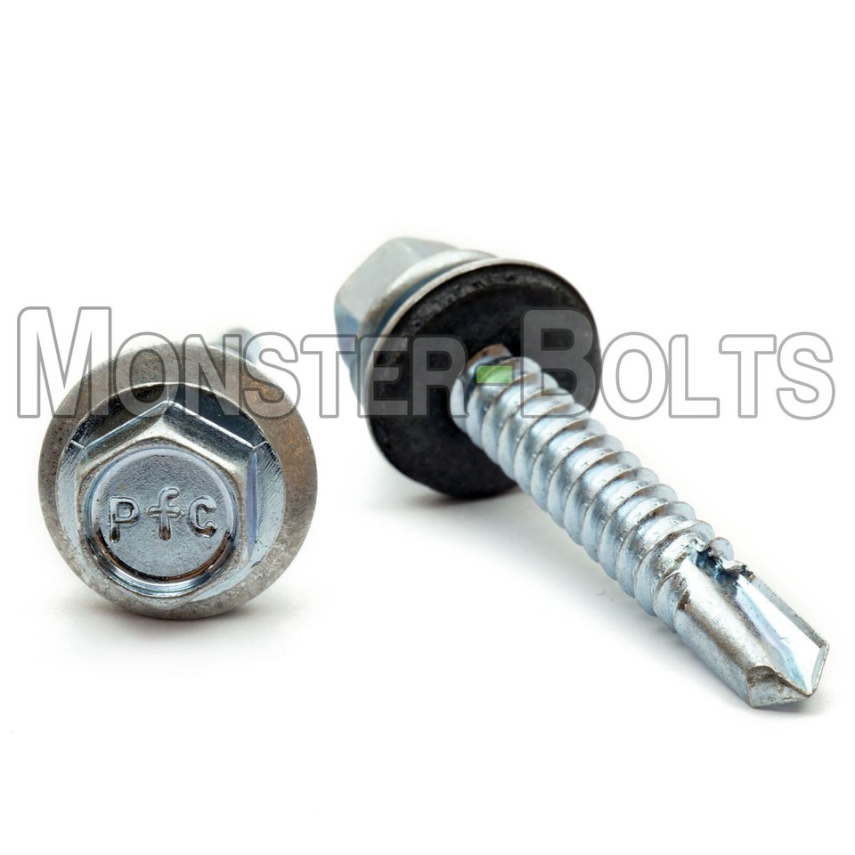 #14 Tek Roofing Screws, HWH w/ Bonded EPDM Washer, Zinc #3 Point Self ...