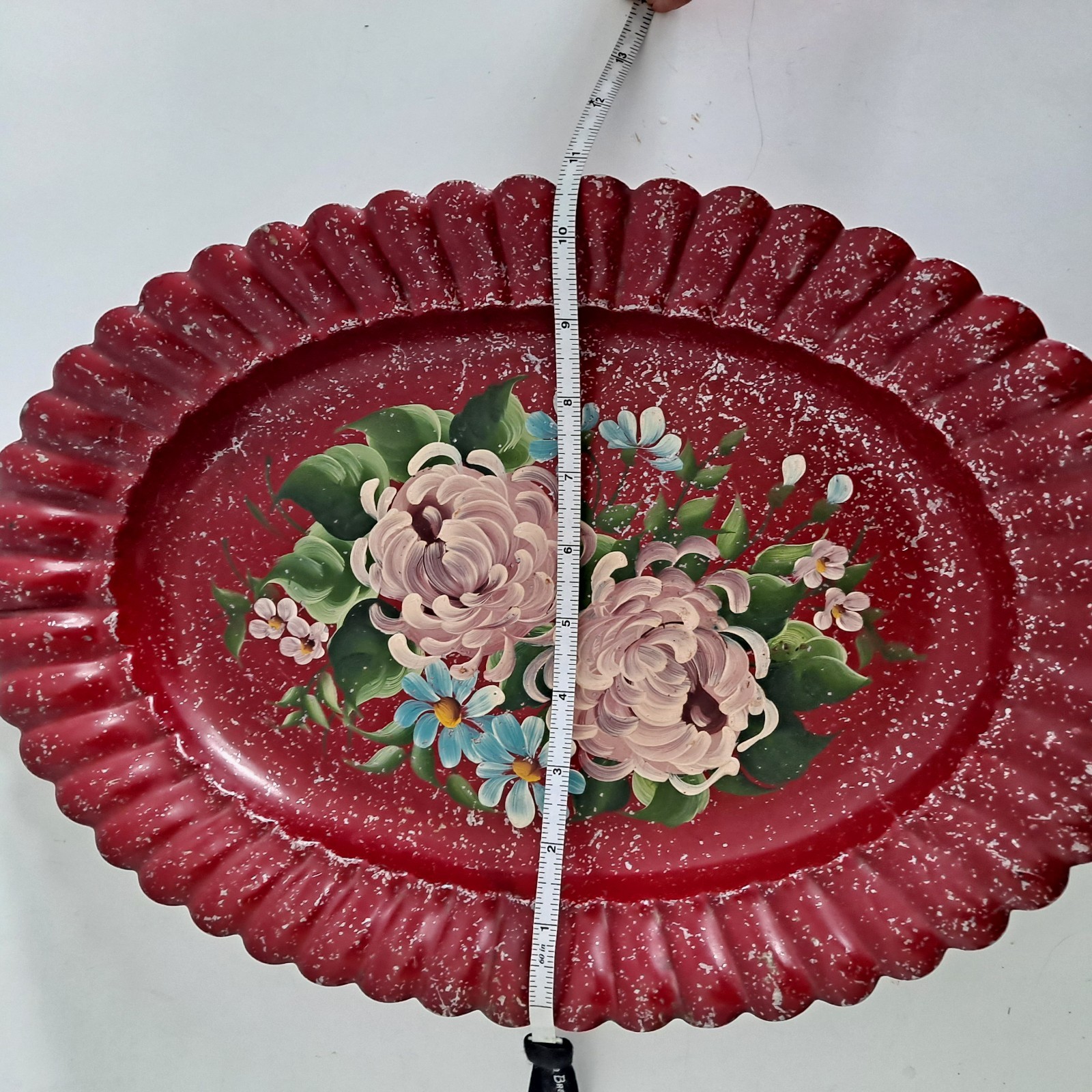 VTG Floral Scalloped Edge Toleware Tray Chippy Red Cottagecore French ...