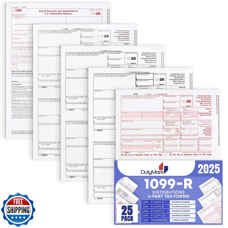 1099-R Tax Forms 2025 (distributions) 25 Sets of 4-Part, Laser Forms ...