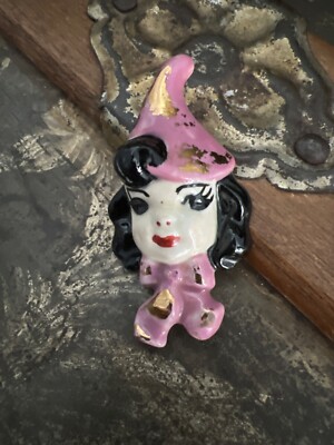Vintage Holland Mold Ceramic Elf Pixie Brooch Pinup girl gold leaf hand painted | eBay