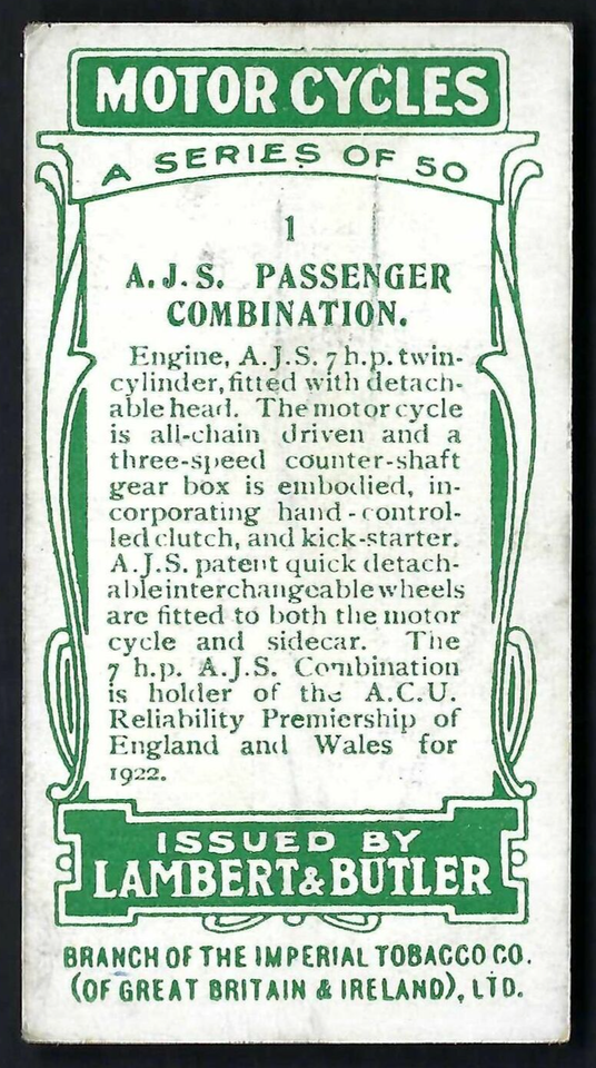 LAMBERT & BUTLER - MOTOR CYCLES - #1 AJS PASSENGER COMBINATION | eBay