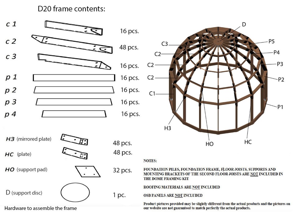 MOON HOUSE 20’ DIAM DOME FRAMING KIT PREFAB WOOD PRE-CUT DIY HOME FRAME ...