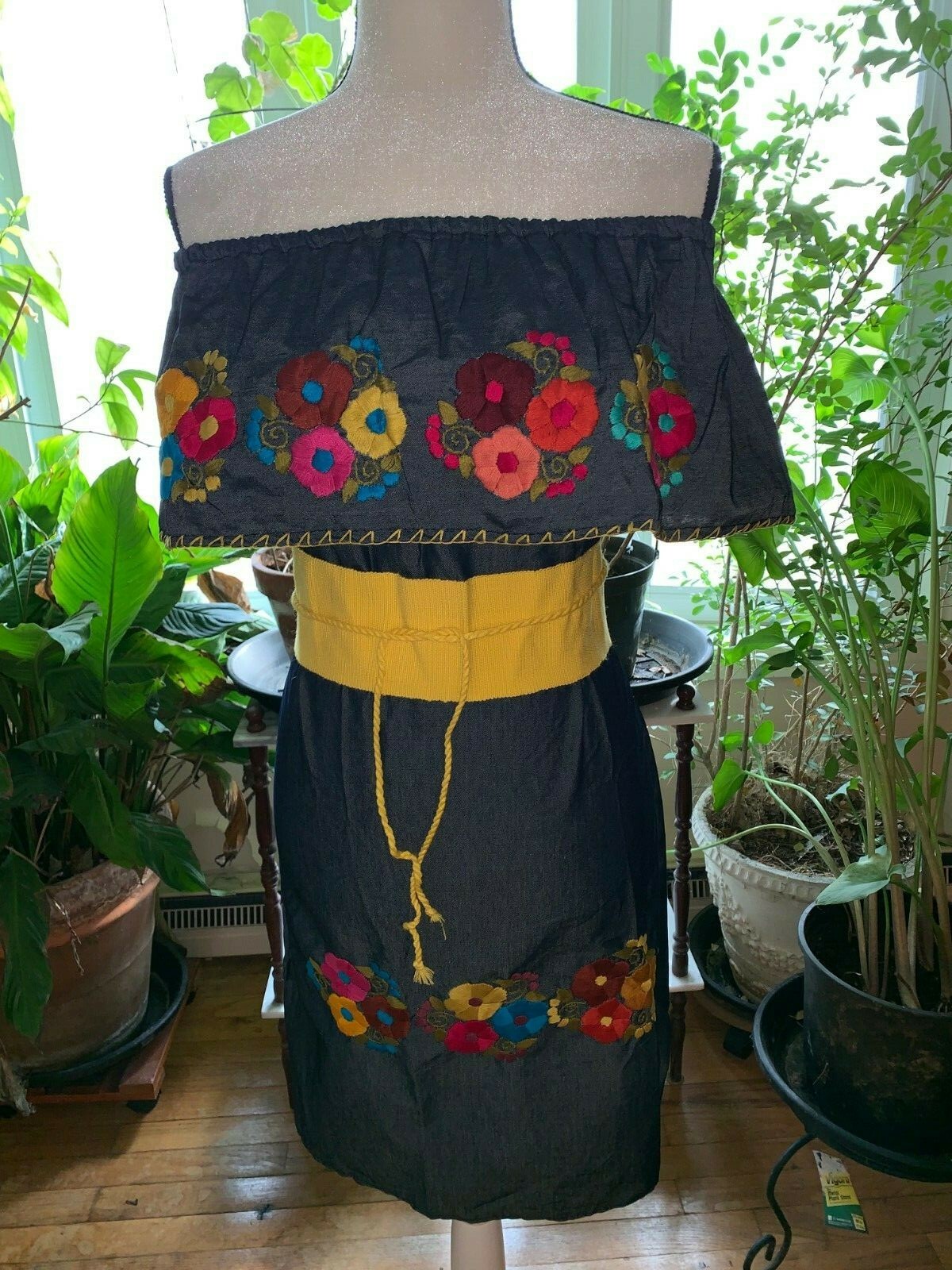 Maya Mexican Dress Belt Vestido Campesino Faja Flowers Chiapas Denim ...