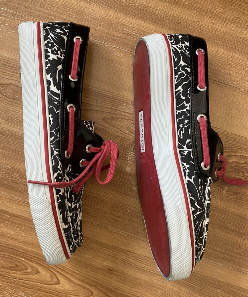 Sperry Top-Sider Black White & Red Canvas Lace Up Casual Boat Shoes ...