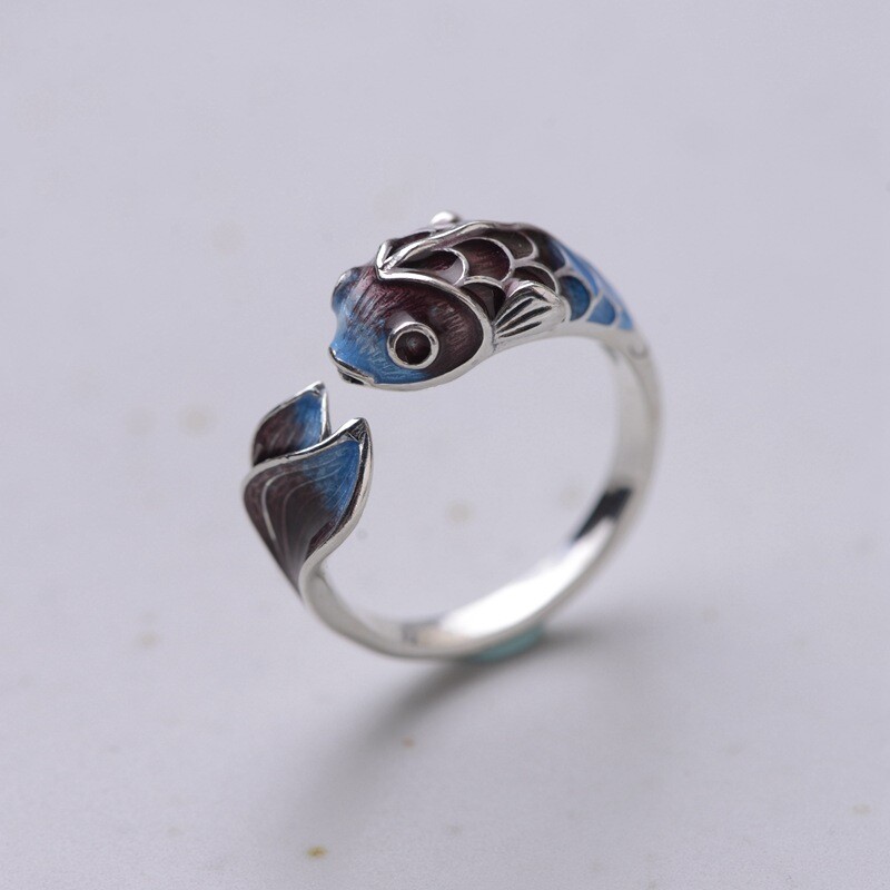 S925 Sterling Silver Vintage Enamel Lucky Carp Ring Blue & Purple ...
