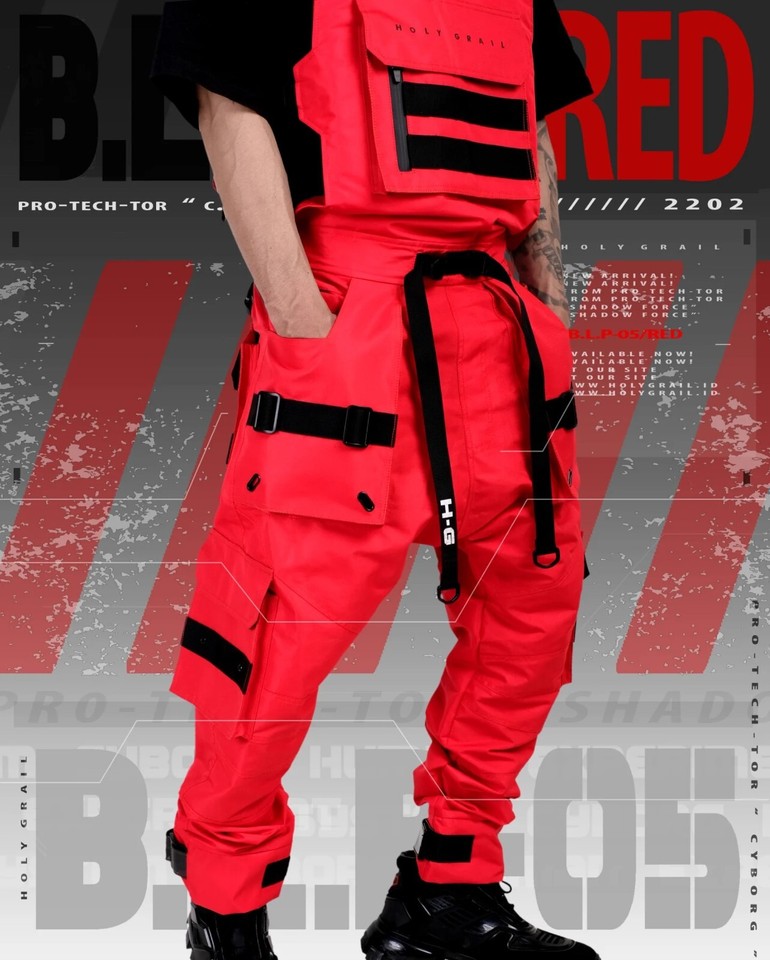 Men's Red Streetwear Techwear Heavy Cargo Trouser Pants Holygrail B.L.P ...