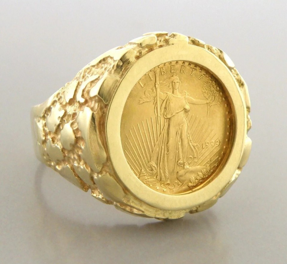 Men's 20"mm Coin American Eagle Nugget Unisex Band Ring 14K Yellow Gold ...