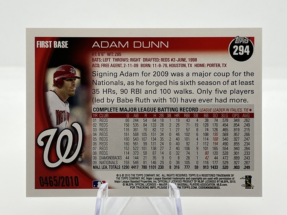 2010 Topps Adam Dunn #294 Gold Parallel 0465/2010 Washington Nationals ...