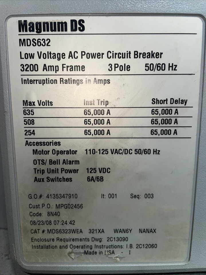 EATON MAGNUM DS 3200 AMP BREAKER MDS6323WEA | eBay