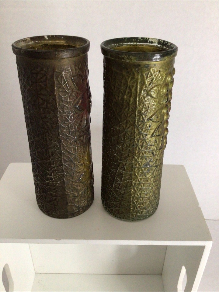 Set of 2 Antique Goofus Glass Vases - Grapes & Flowers - Red Green Gold ...