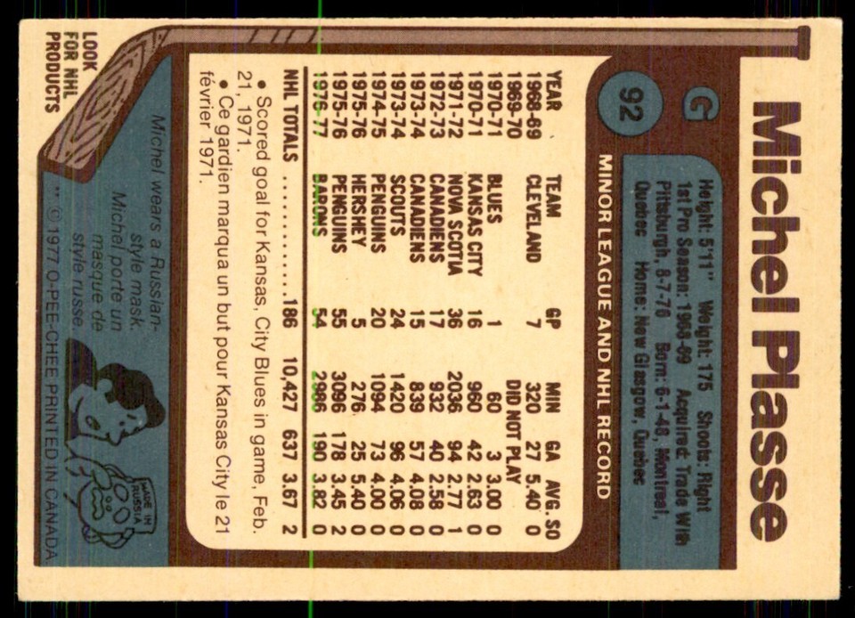 1977-78 O-Pee-Chee Michel Plasse Colorado Rockies #92 | eBay