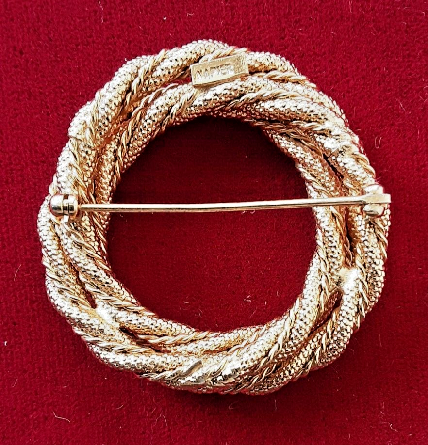 Vintage Napier Brooch Pin GOLD TONE DOUBLE TWISTED ROPE Circle Signed ...