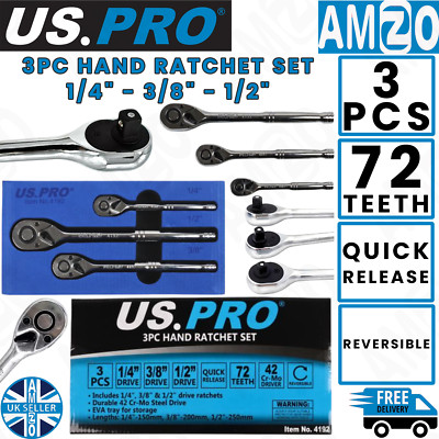 US PRO 3pc Ratchet Handle Set 1/4" 3/8" 1/2" Long Reach Wrenches Quick ...