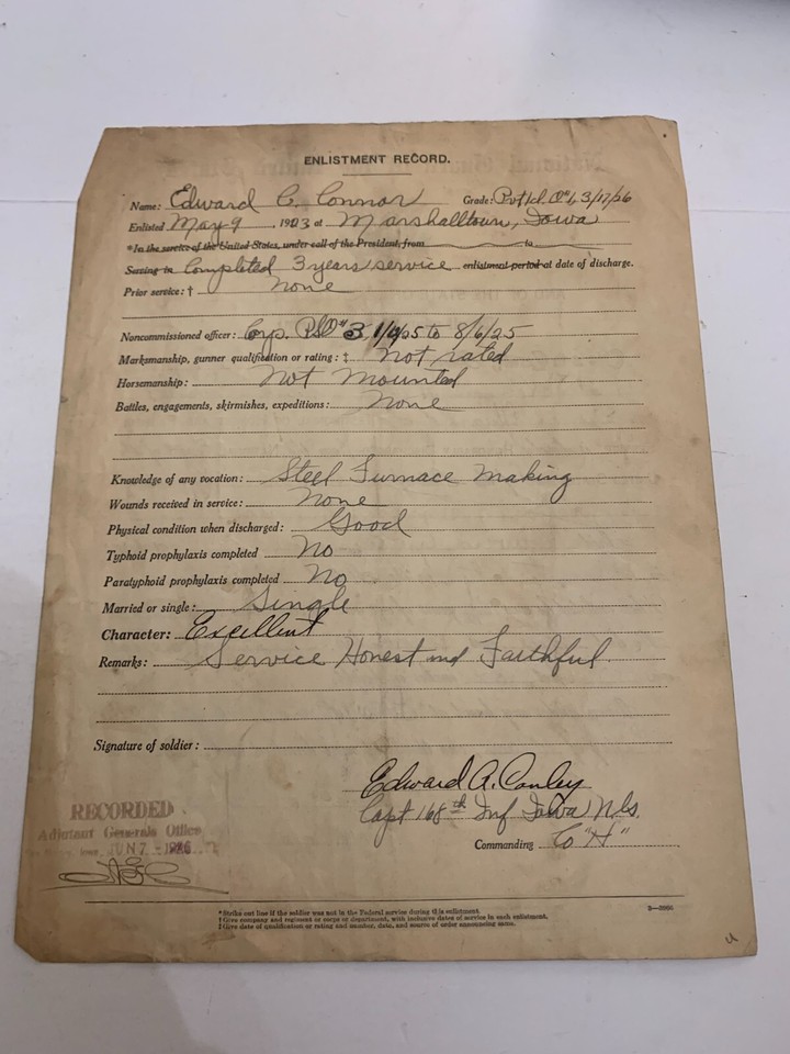 1926 U.S. National Guard Discharge Certificate Edward Connor Co. H ...
