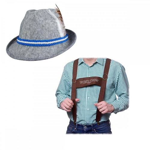Adult 2-Piece Oktoberfest Brown Braces + Grey Bavarian Hat Stag Party ...